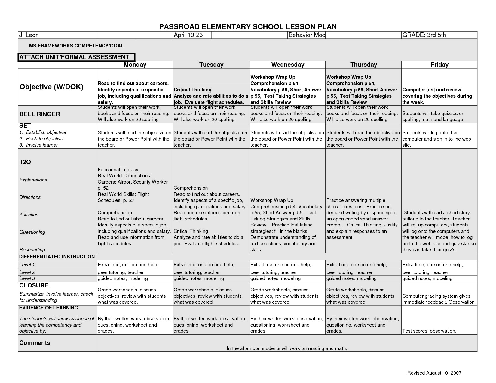 Elementary Lesson Plan Template Daisy Blake Vrogue co