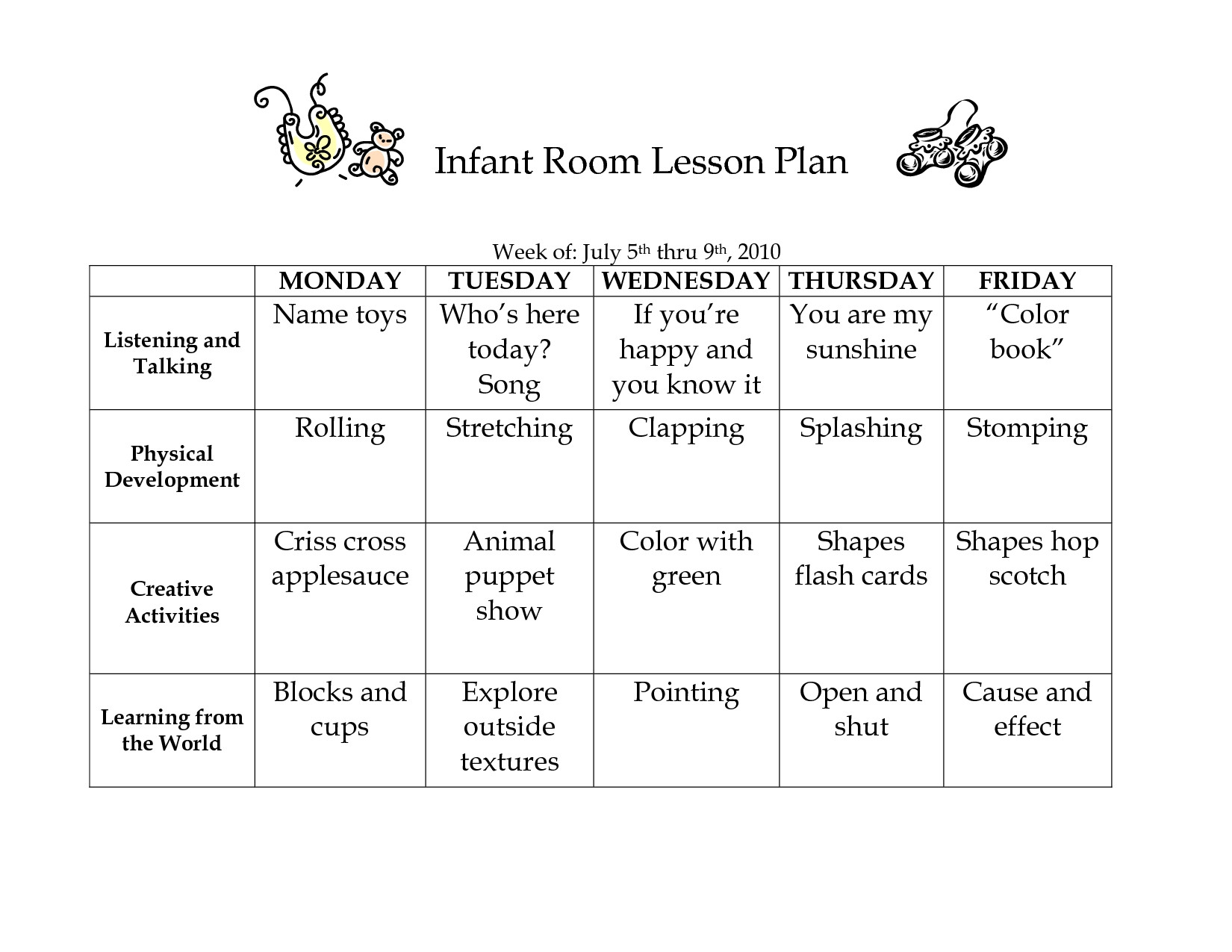 Infant Lesson Plans For Daycare Printable Template Childcare Lesson 