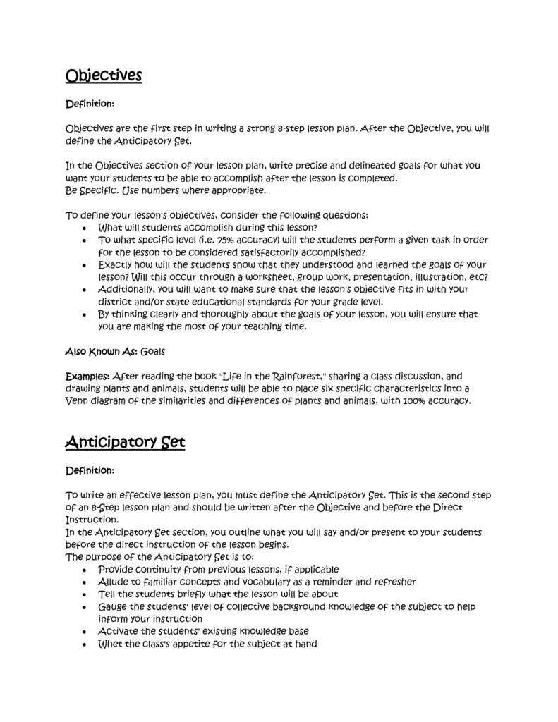 Lesson Plan Objectives Examples Daisy Blake