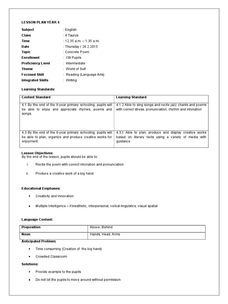 Poetry Lesson Plans Semi Detailed Lesson Plan On Elements Of Poetry Poetry Lesson Plans Semi Detailed Lesson Plan On Elements Of Poetry